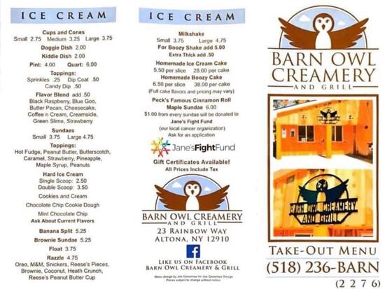 Carta de Barn Owl Creamery and Grill, Altona