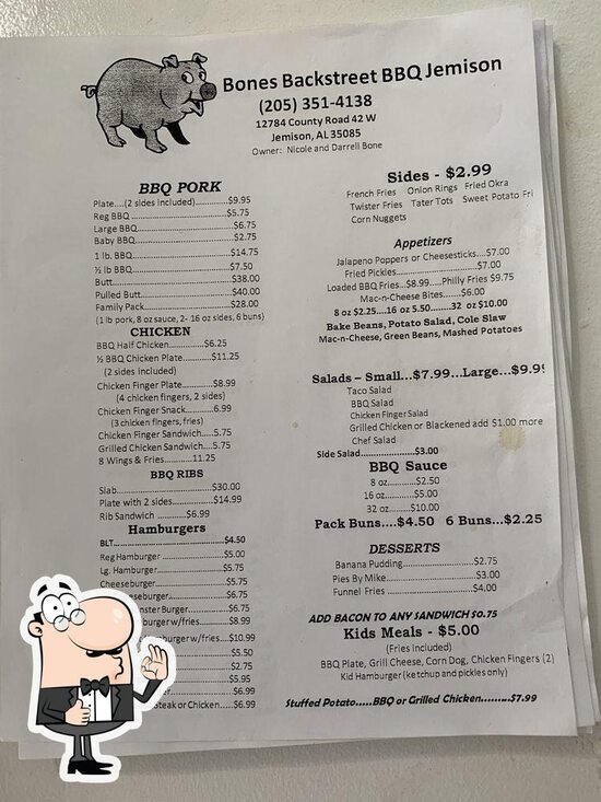 Menu at Bones Backstreet BBQ Jemison, Jemison