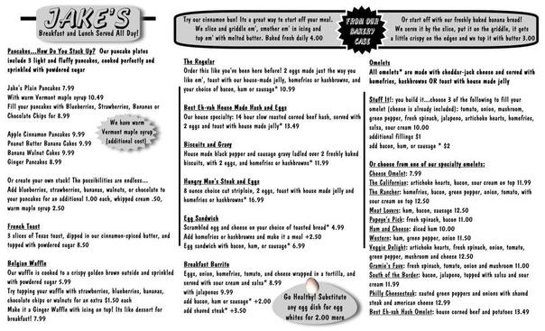Menu at Jake's Restaurant, North Stonington