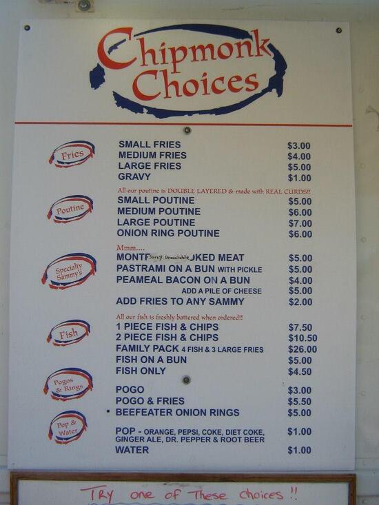 Menu at ChipMonk's Chip Truck restaurant, Bowmanville