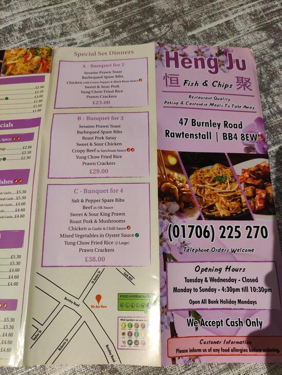 Menu at Heng Ju fast food, Rawtenstall