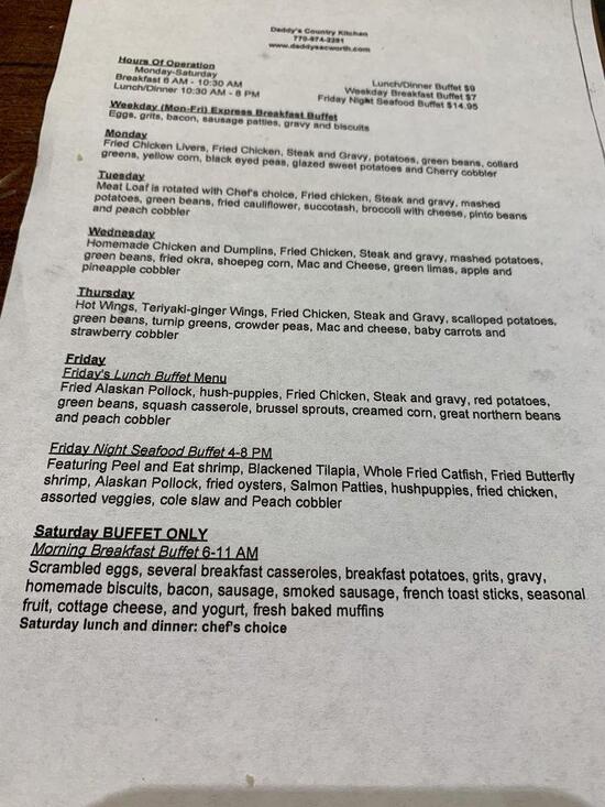 Menu at Daddy's Country Kitchen restaurant, Acworth, Acworth Due West ...