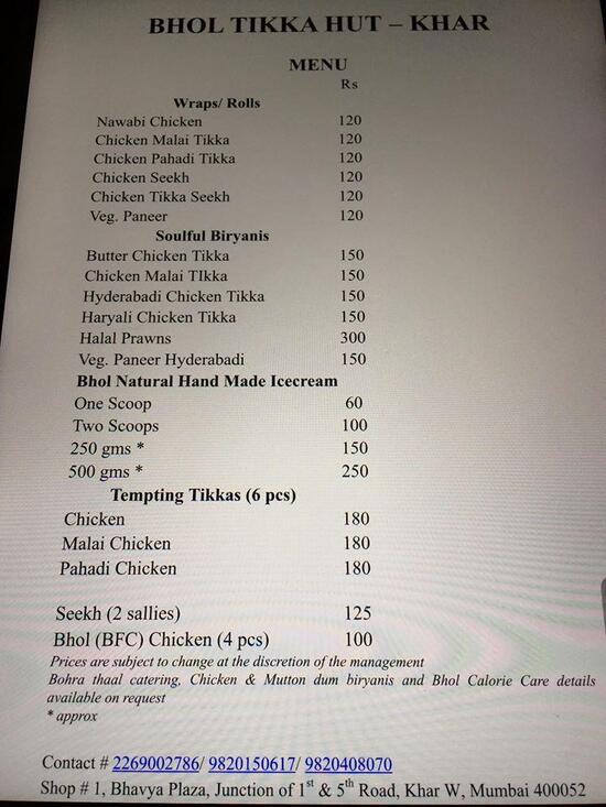 Menu at Bhol Tikka Hut - Khar west, Mumbai