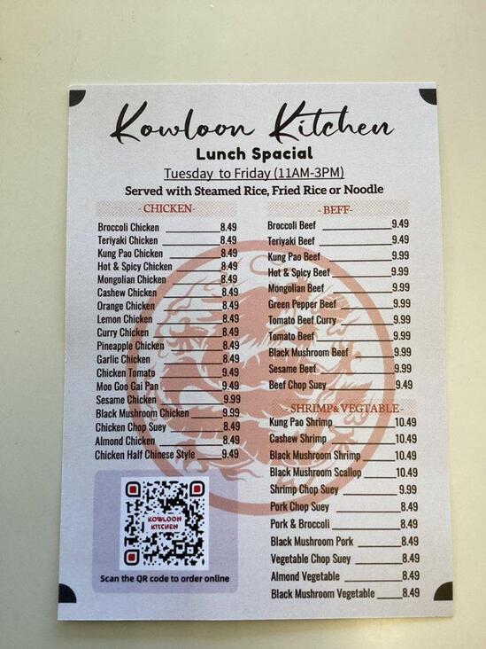 Menu at Kowloon Kitchen restaurant, Clovis