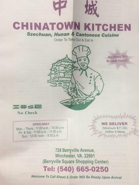 Menu at Chinatown Kitchen restaurant, Winchester, 728 Berryville Ave