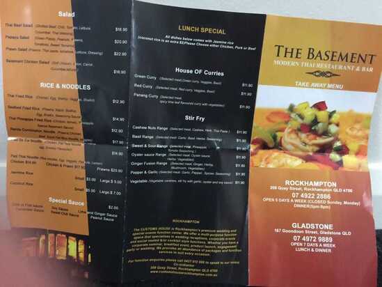 Menu at Thai Basement restaurant, Gladstone Central