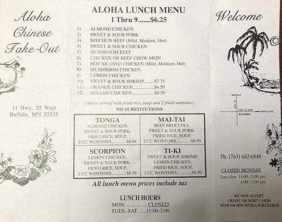 Menu at Aloha restaurant, Buffalo