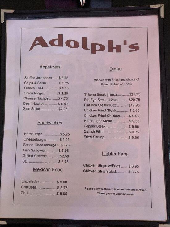 Menu at Adolph's Store and Restaurant, Lakehills