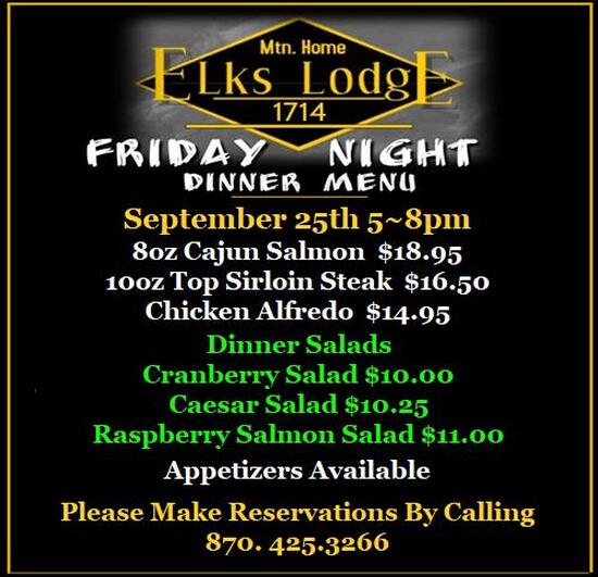 Menu at Elks Lodge, Mountain Home