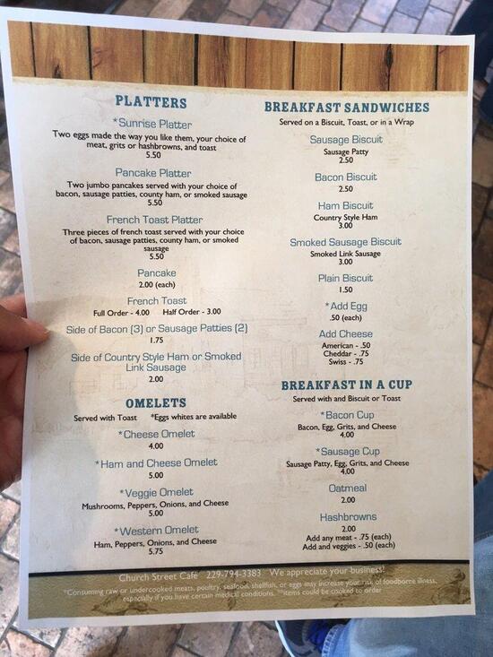 Menu at Church Street Cafe, Hahira
