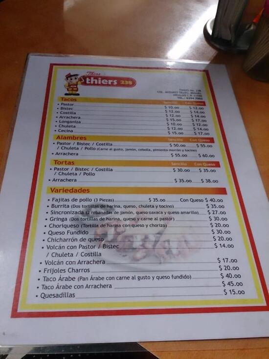 Menu at Tacos Thiers 238 restaurant, Mexico City, Eje 3 Poniente Thiers 238