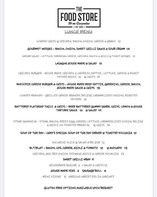Menu at The Food Store cafe, Maffra
