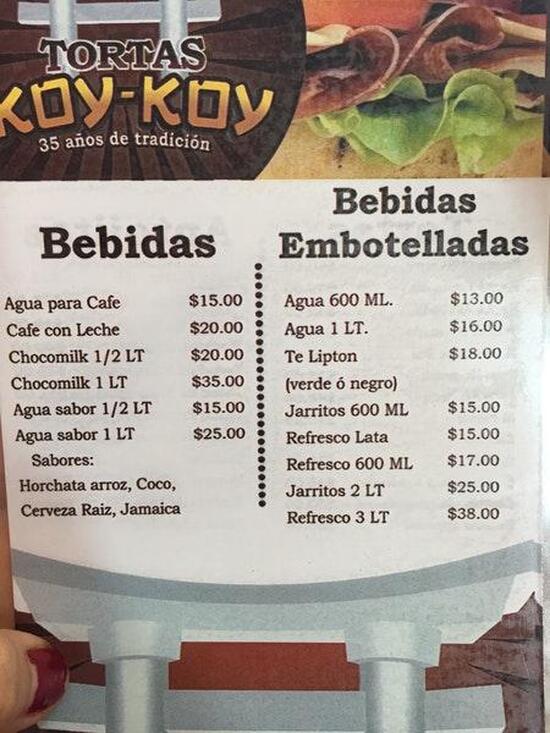 Carta del restaurante Tortas koy koy, Veracruz, C. Francisco Canal 1987