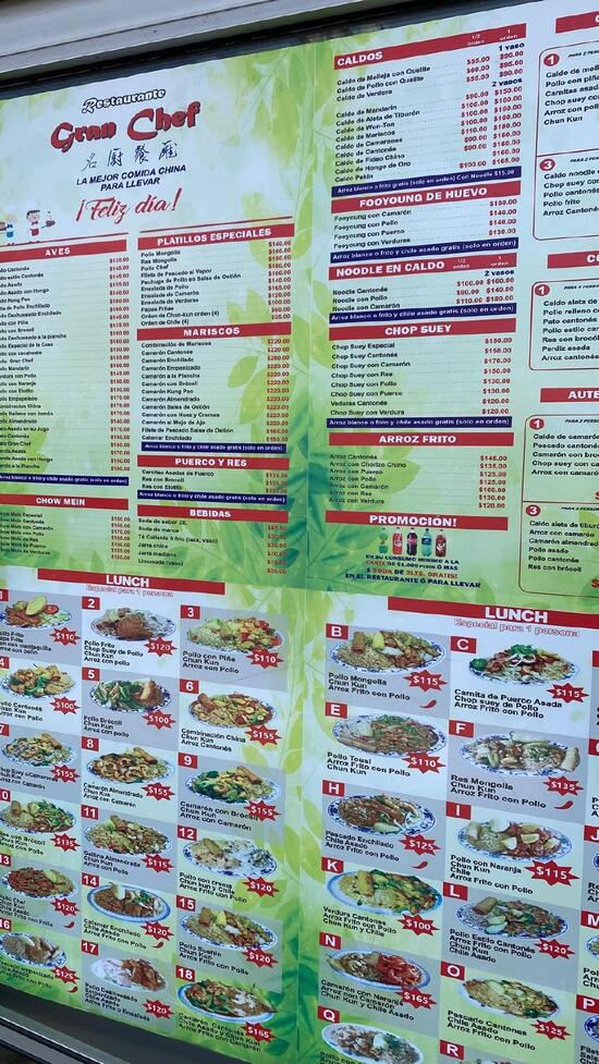 Menu at Gran Chef restaurant, Tijuana