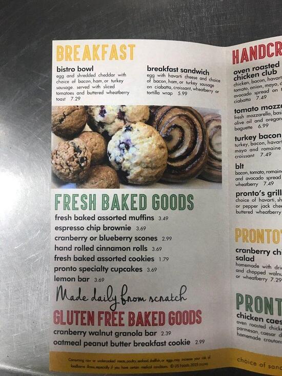 Menu at Pronto Cafe St. Joseph, Saint Joseph