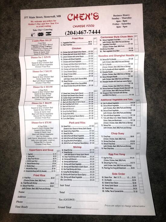 Menu at Chen's Chinese Food Take Out restaurant, Stonewall