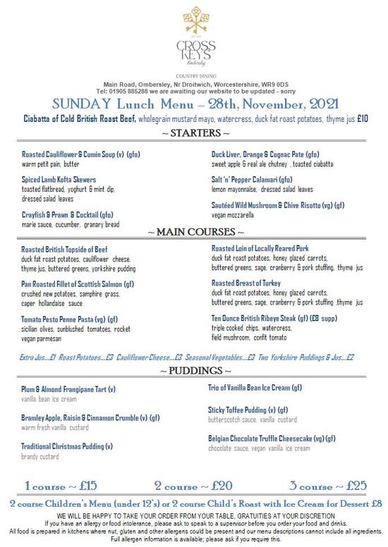 Menu at The Cross Keys Ombersley restaurant, Ombersley, Main Road