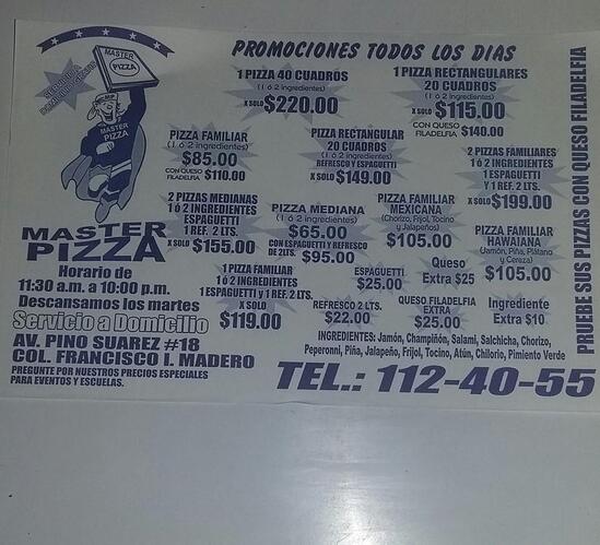 Menu at Master pizza pizzeria, Mazatlán