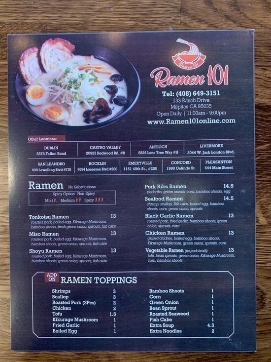 Menu at Ramen 101 restaurant, Milpitas