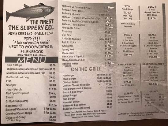 Menu at The Slippery Eel fast food, Ellenbrook, 3b/11 Corner Main ...