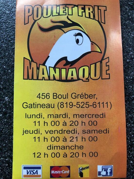 Menu au Poulet Frit Maniaque restaurant, Gatineau