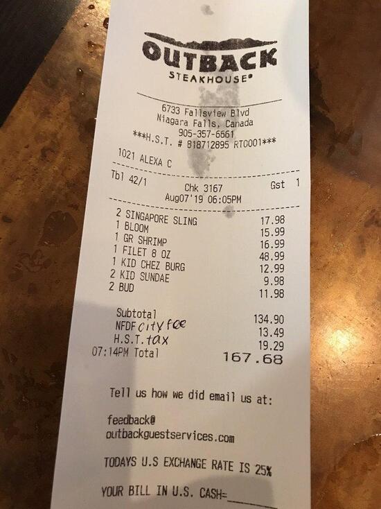 Menu at Outback Steakhouse, Niagara Falls, Victoria Ave