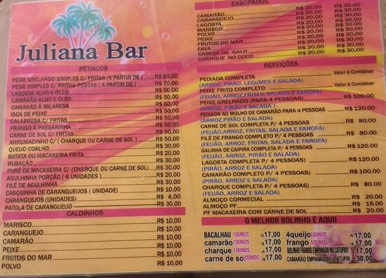 Menu em Juliana Bar, Brasil, Praia Bela