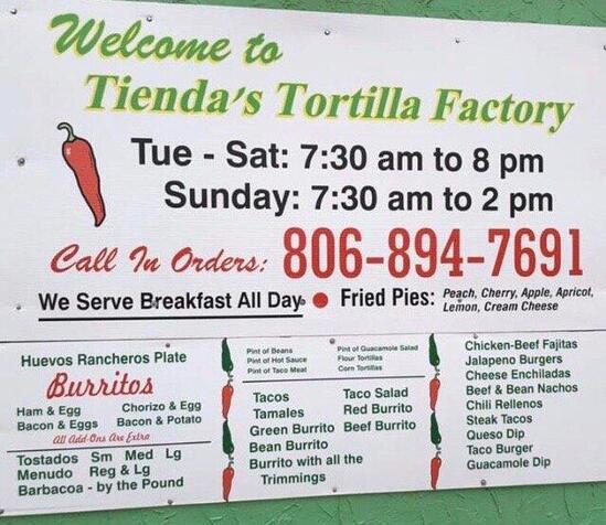 Menu at Tienda's Tortilla Factory restaurant, Levelland