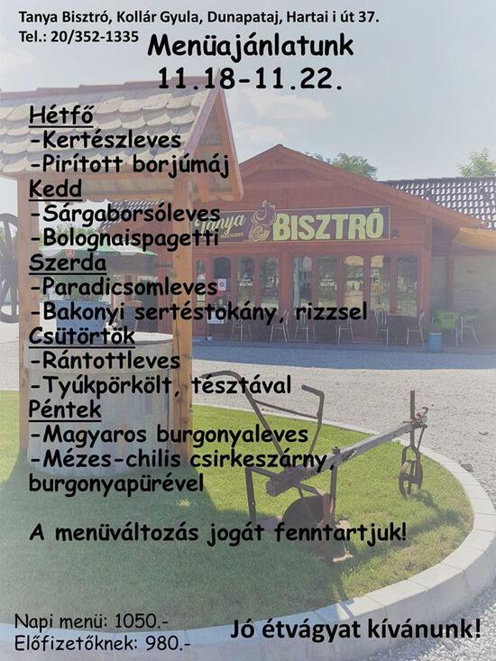 Menu at Tanya bisztró restaurant, Dunapataj