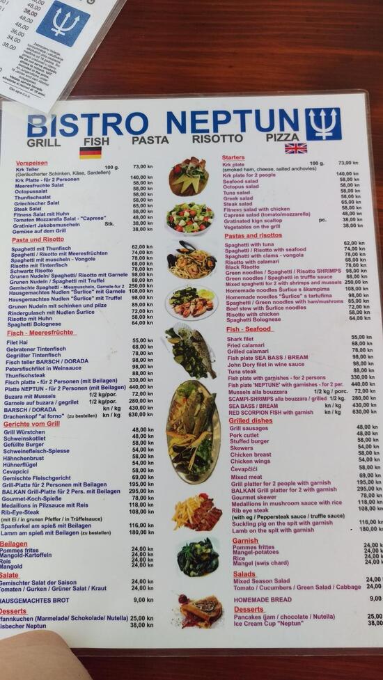 Menu at Neptun restaurant, Krk