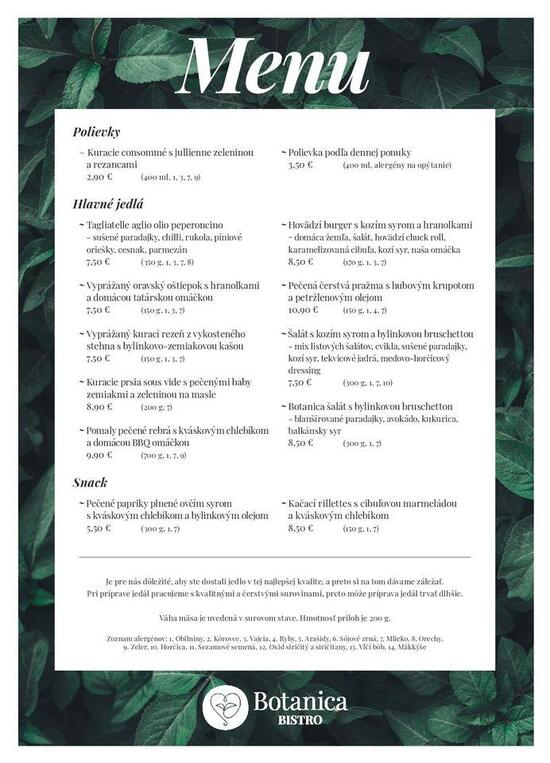 Menu at Botanica bistro restaurant, Dolný Kubín