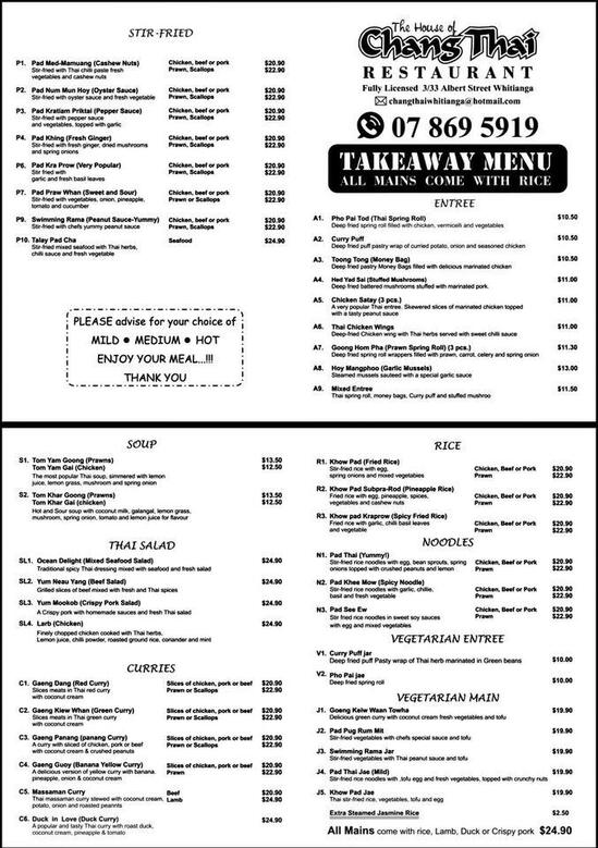 Menu at The House of Chang Thai restaurant, Whitianga