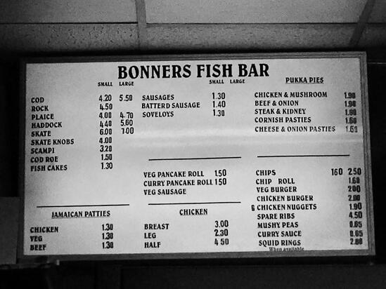 Menu at Bonners Fish Bar, London