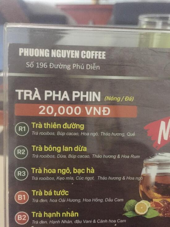 Menu at Cà Phê Phương Nguyên cafe, Hanoi