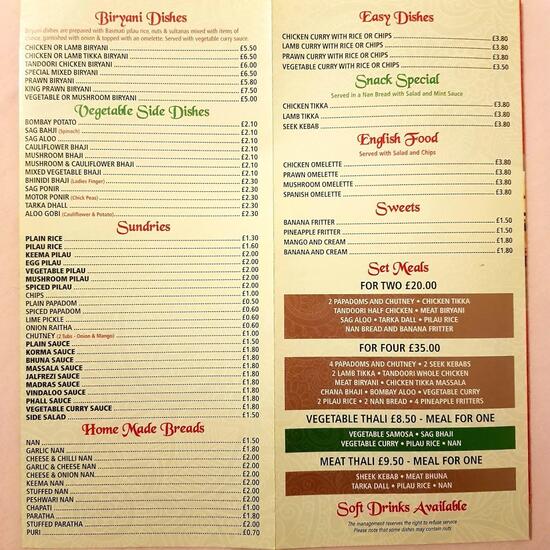 Menu at Smithdown Balti fast food, Liverpool