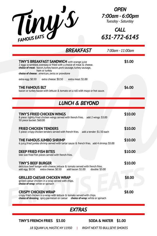 Menu at Tiny's Famous Eats restaurant, Mastic, 146 Squaw Ln