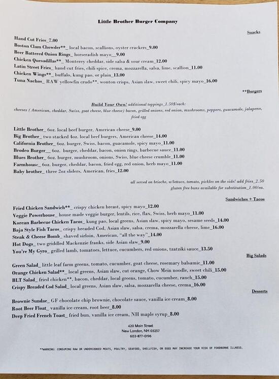 Menu at Little Brother Burger Company restaurant, New London