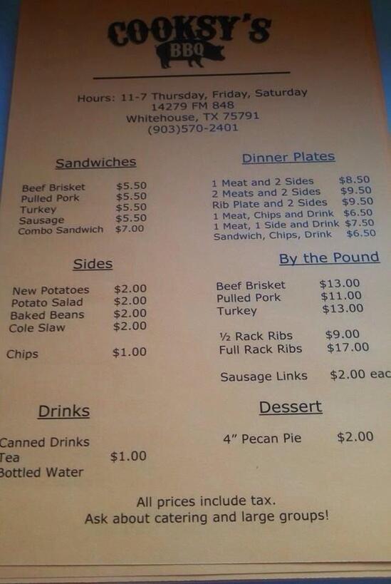 Menu at Cooksy's BBQ, Whitehouse