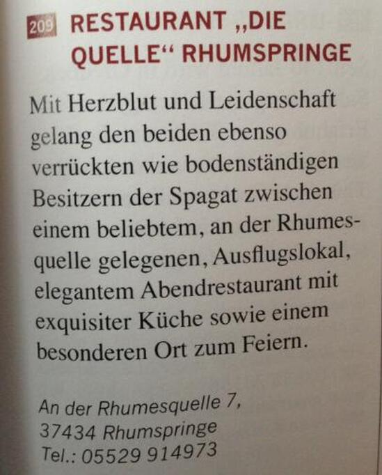 Speisekarte von Die Quelle restaurant, Rhumspringe