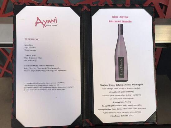 Menu at AYAMI restaurant, Cancún