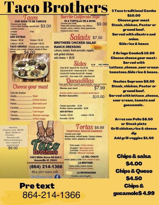 Menu at Taco Brothers LLC restaurant, Greenville, White Horse Rd unit c