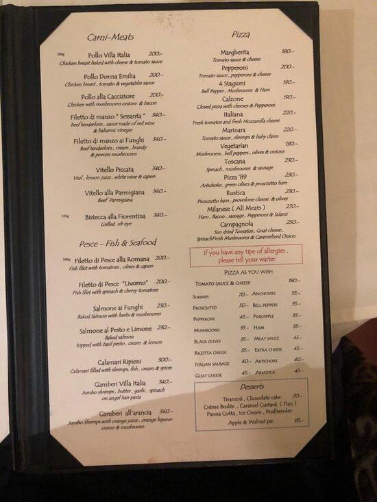 Menu at Ristorante Villa Italia restaurant, Mazatlán, Hotel El Cid Granada