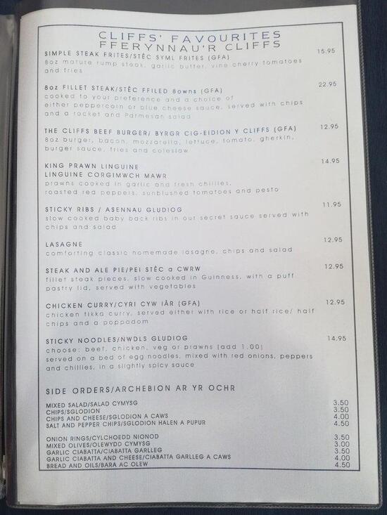 Menu at The Cliffs Restaurant & Bar, Nefyn