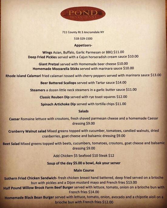 Menu at Pond Restaurant, USA, 711 County Rte 3