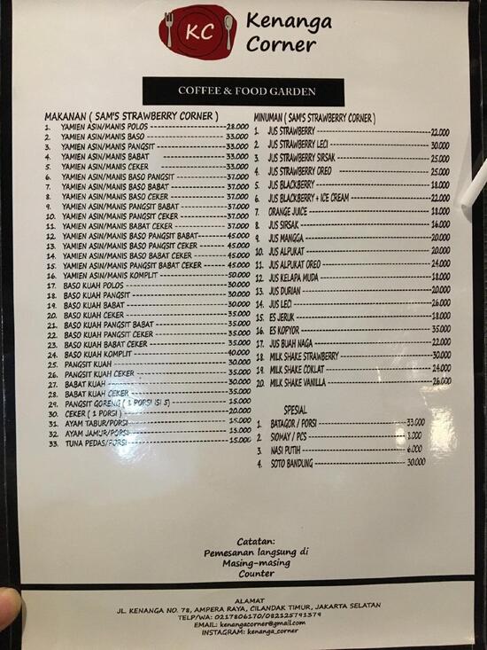 Menu at Kenanga Corner cafeteria, Jakarta
