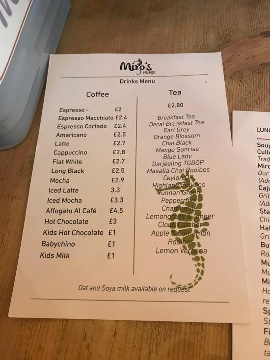 Menu at Miro's Village cafe, Musselburgh