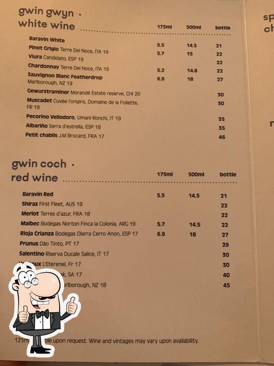 Menu at Baravin, Aberystwyth