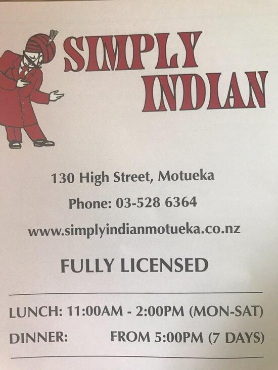 Menu at Simply Indian restaurant, Motueka