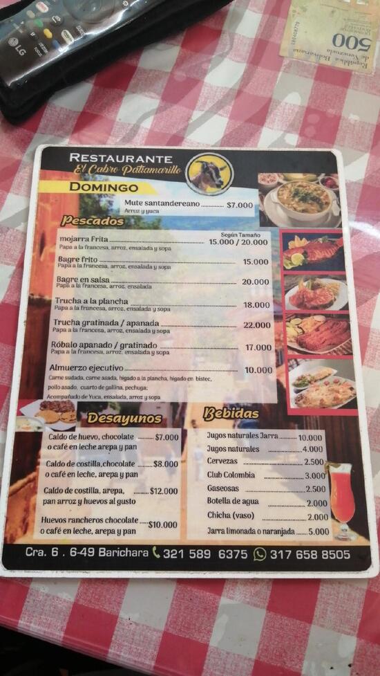 Menu at El Cabro Patiamarillo restaurant, Barichara