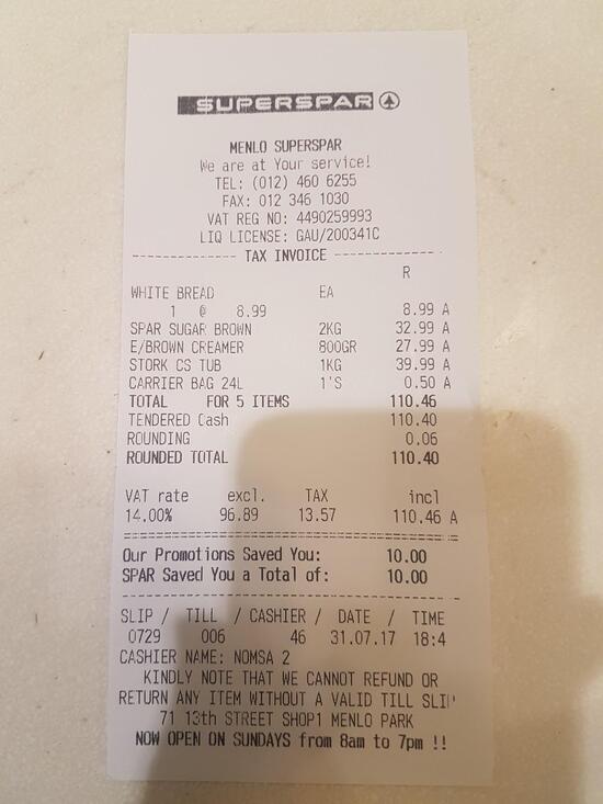 Menu au SUPERSPAR Menlo, Pretoria